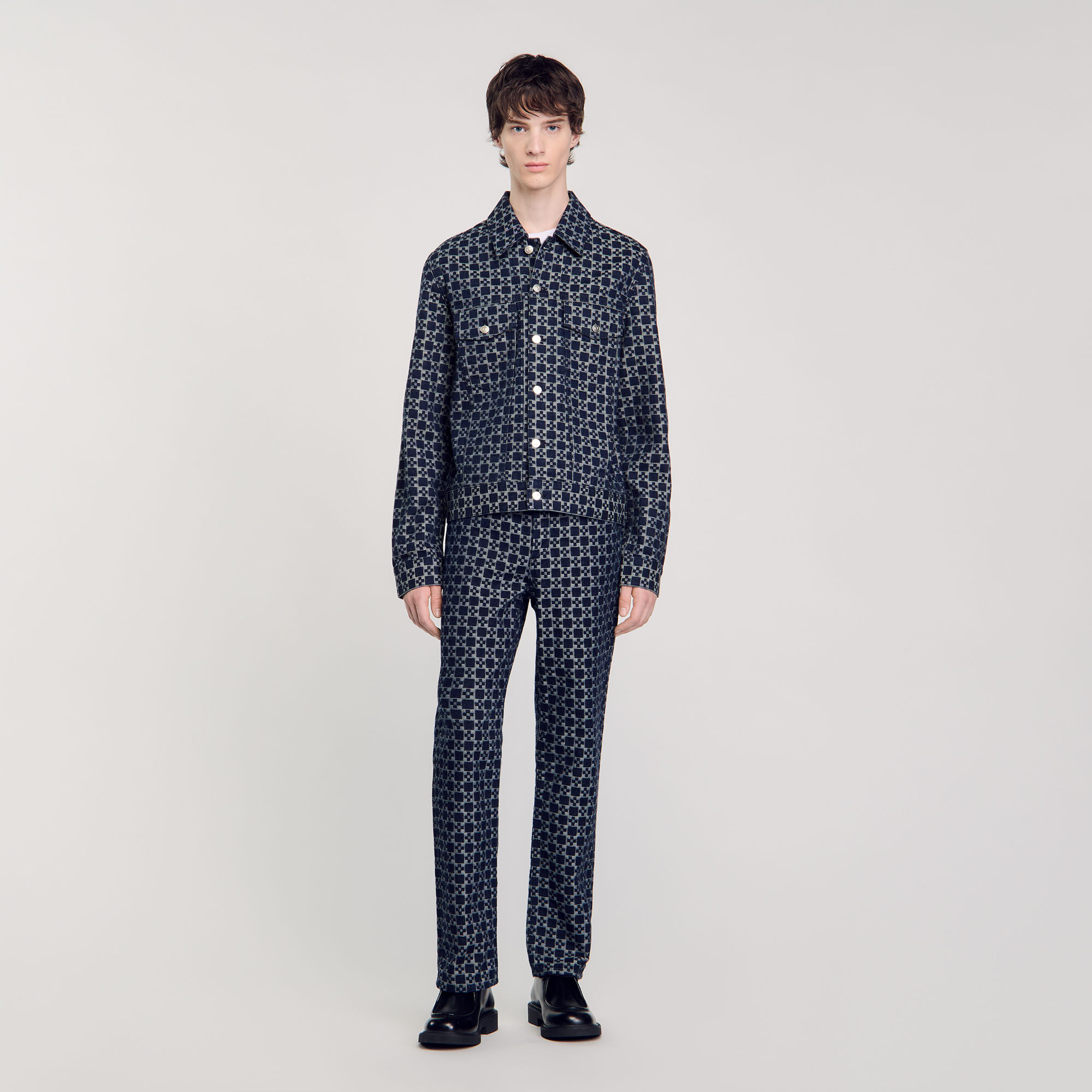 Square cross denim jacket blue for Men | Sandro Paris