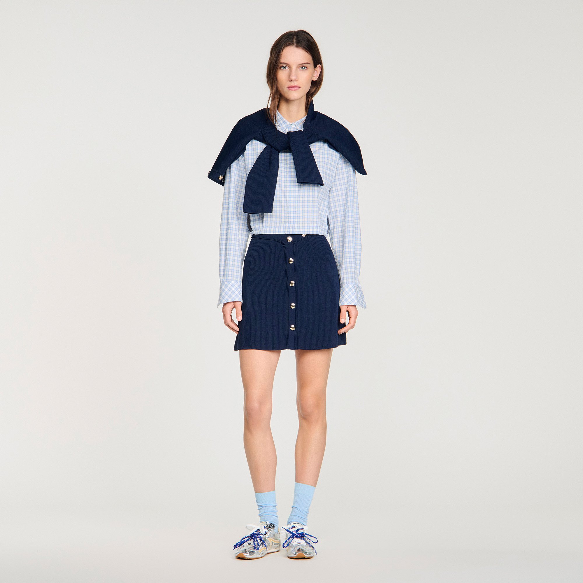 Short ribbed skirt with press studs blue For Women | Sandro Paris